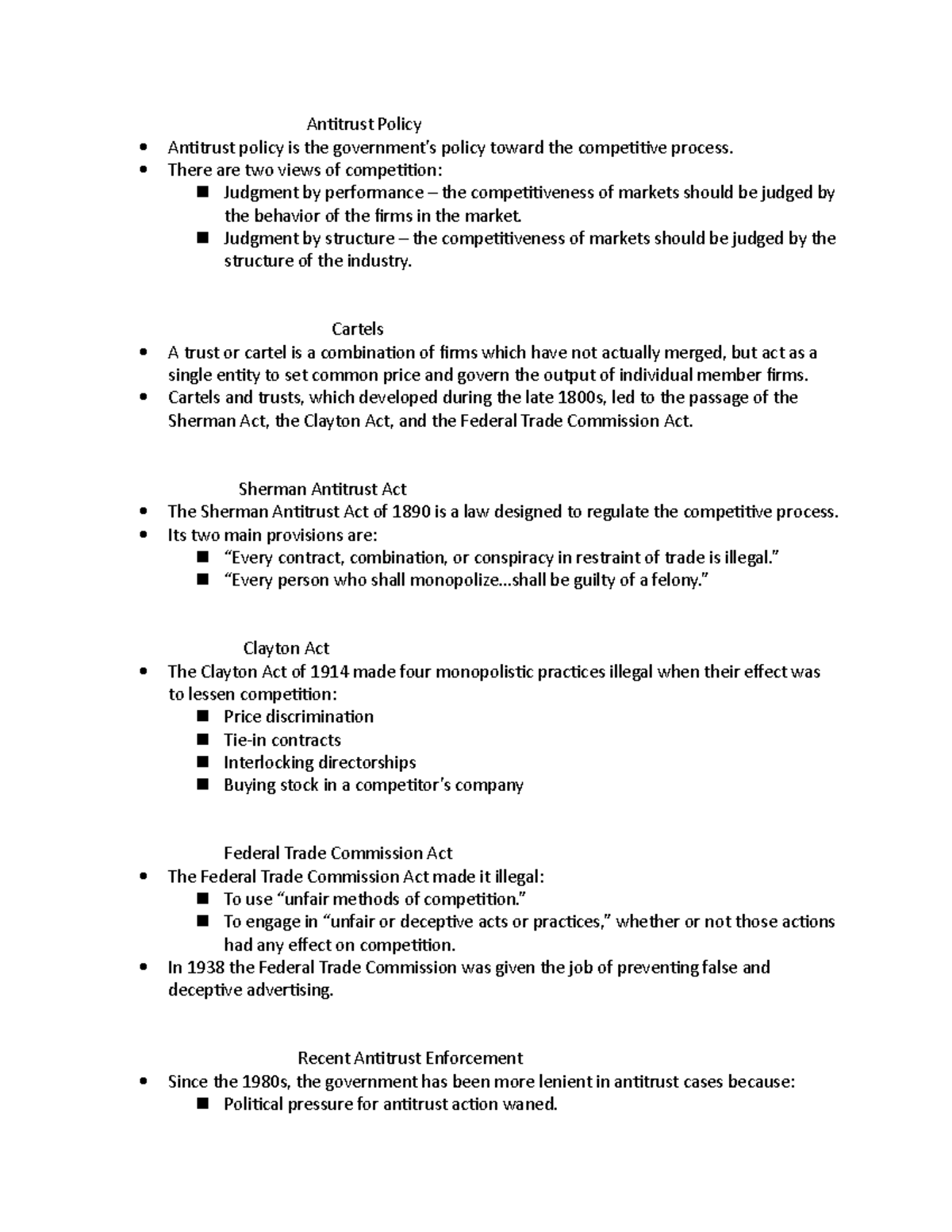 ECON 101 Antitrust Law - Antitrust Policy Antitrust policy is the ...