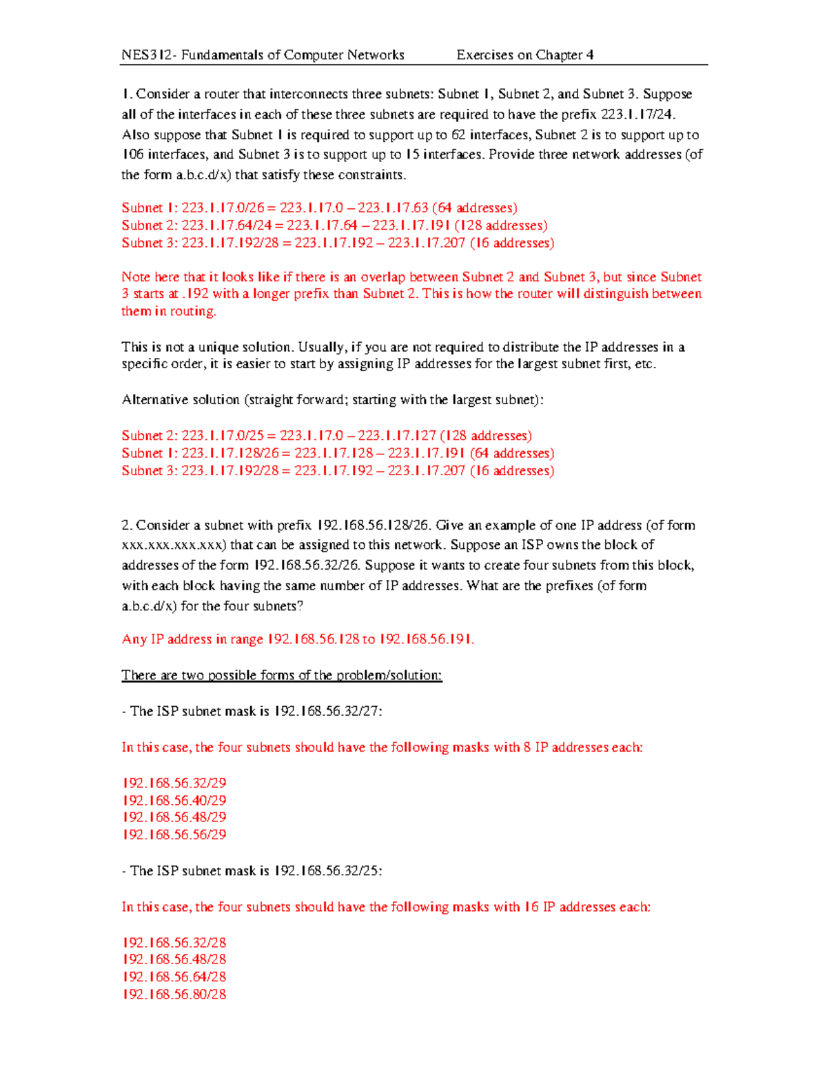 CH4 suggested solution 2 - NES312- Fundamentals of Computer Networks Exercises on Chapter 4 ...