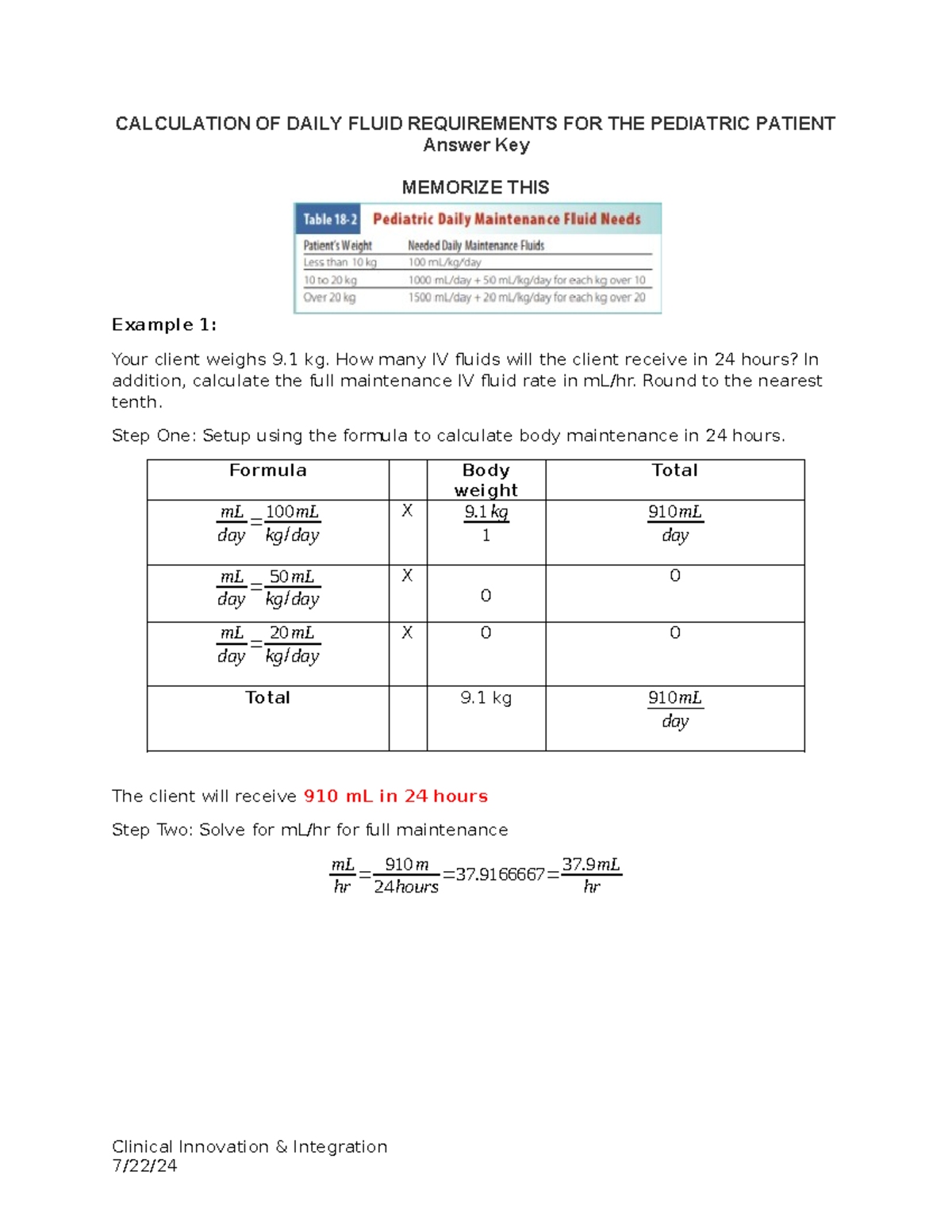 Calculations of Daily Fluid Maintenance of a Pediatric Client Answer ...