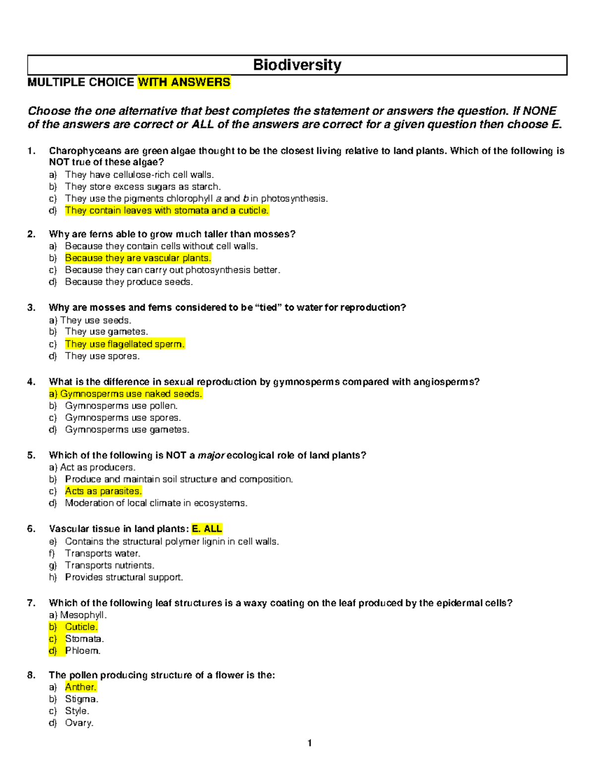 46 - Biodiversity cont Answers - 1 Biodiversity MULTIPLE CHOICE WITH ...