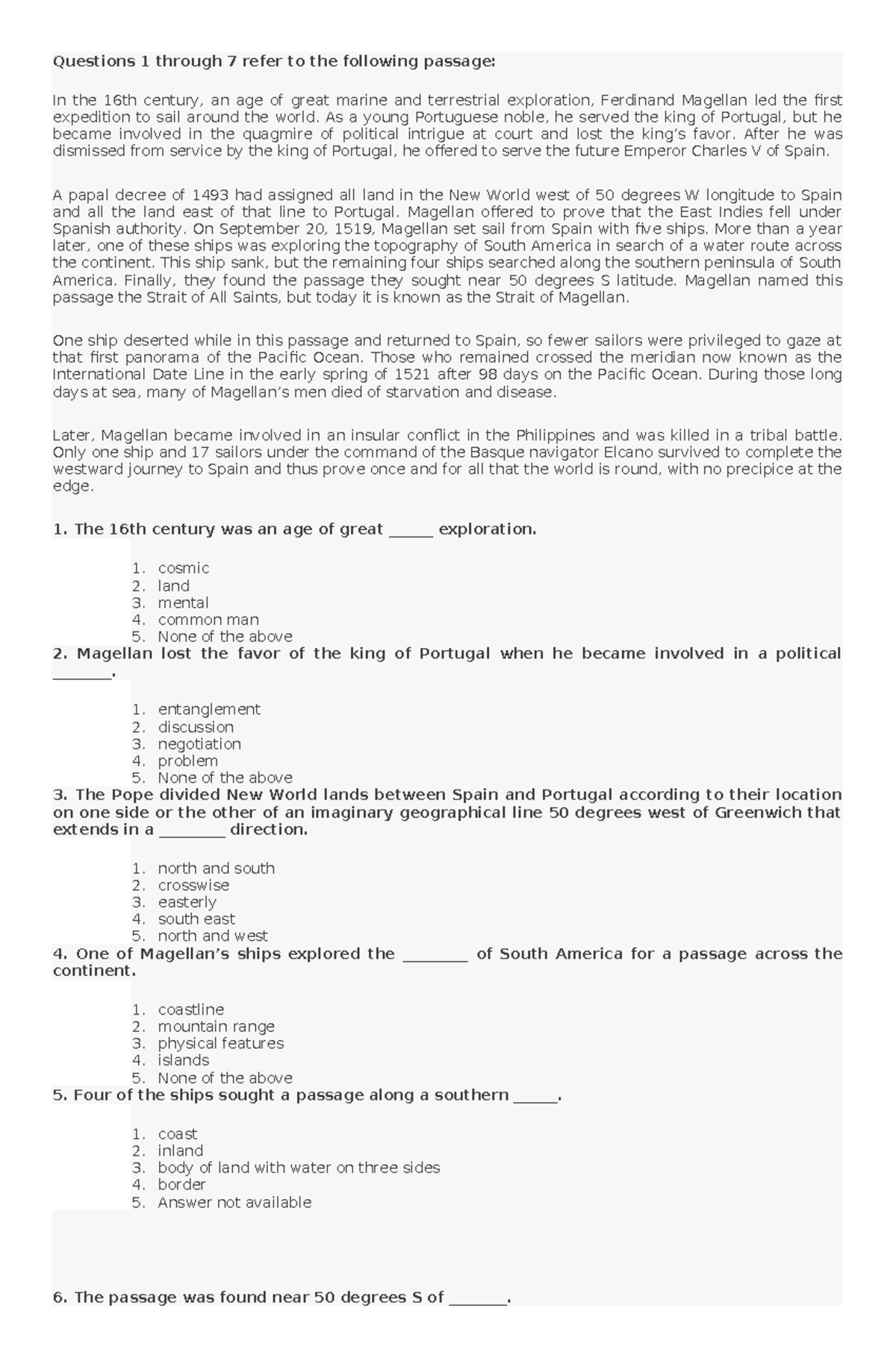 Reading Compre Practice TEST 2 - Questions 1 through 7 refer to the ...
