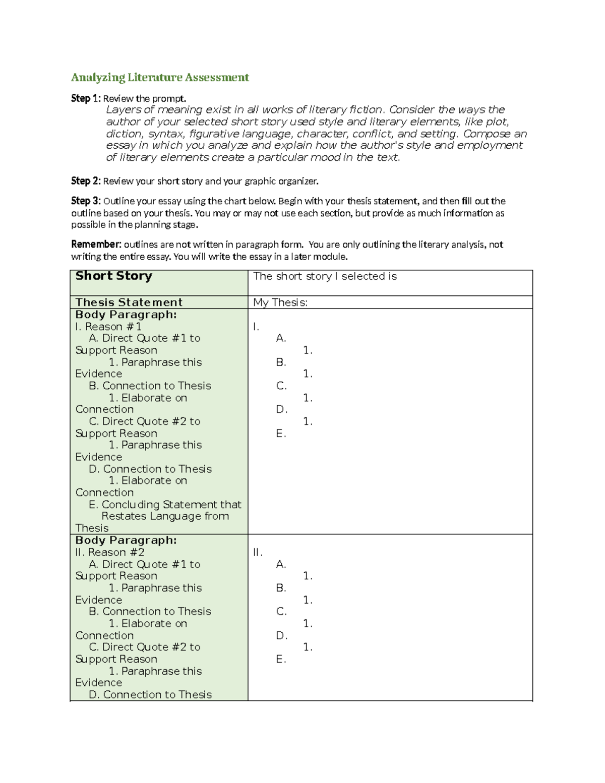 Analyzing literature assess rubric - Analyzing Literature Assessment ...