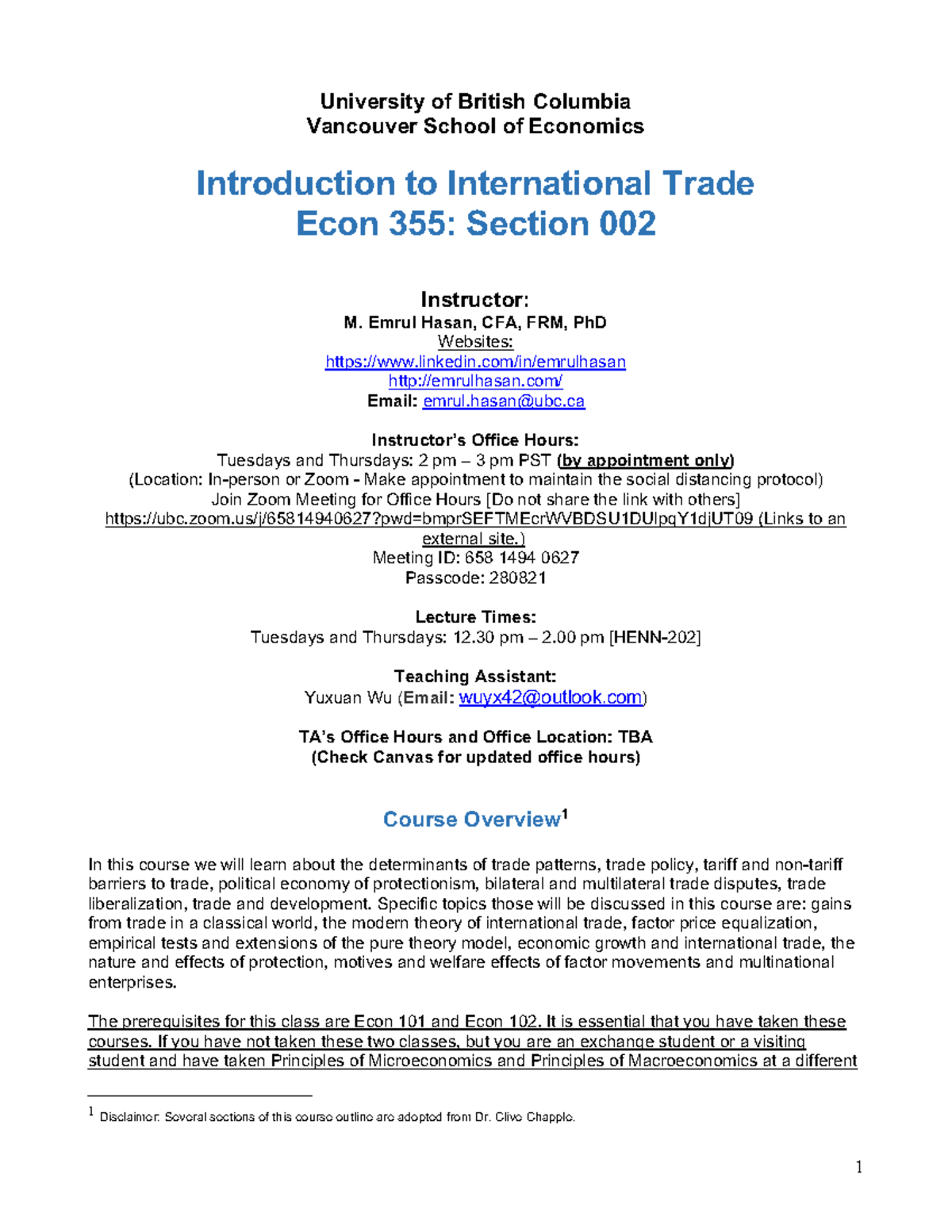 Course Outline - Econ355 - University of British Columbia Vancouver ...