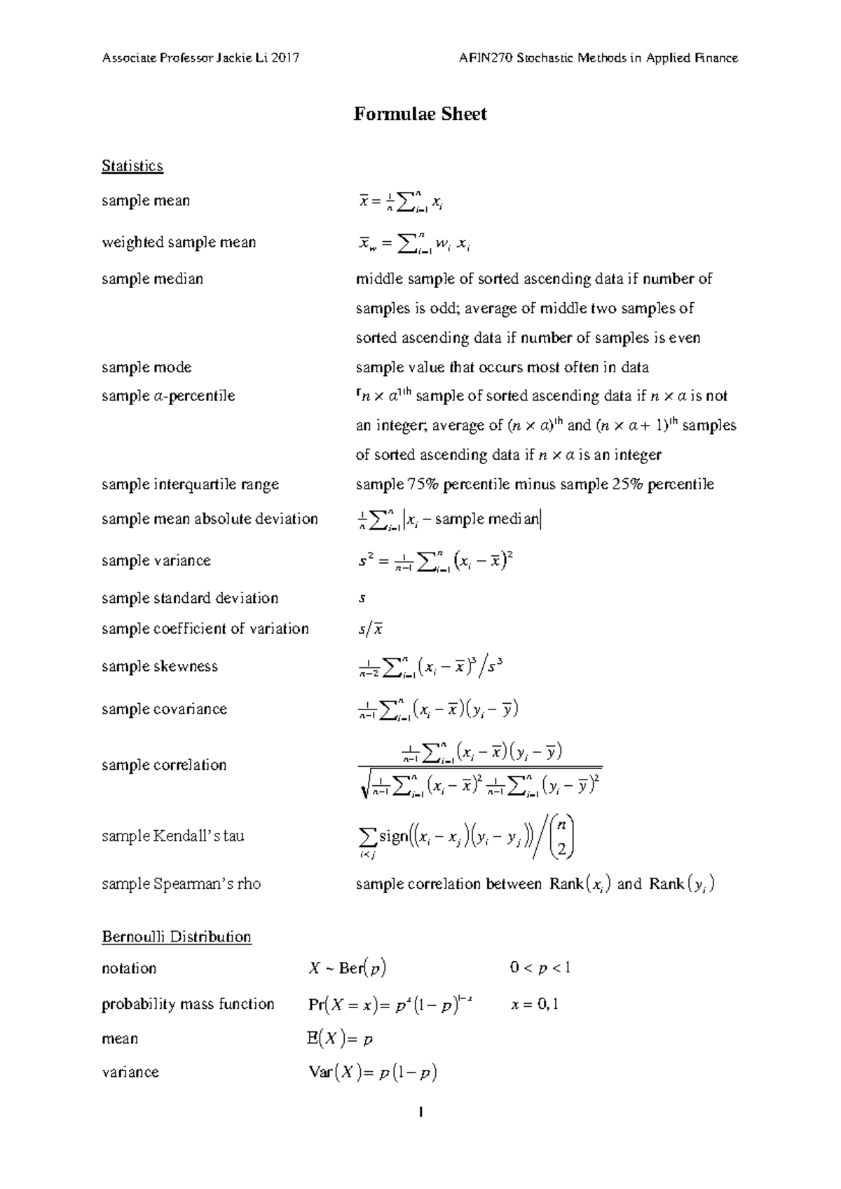Formula Sheet - Formulae Sheet Statistics sample mean n n i i x x 1 1 weighted sample mean - Studocu
