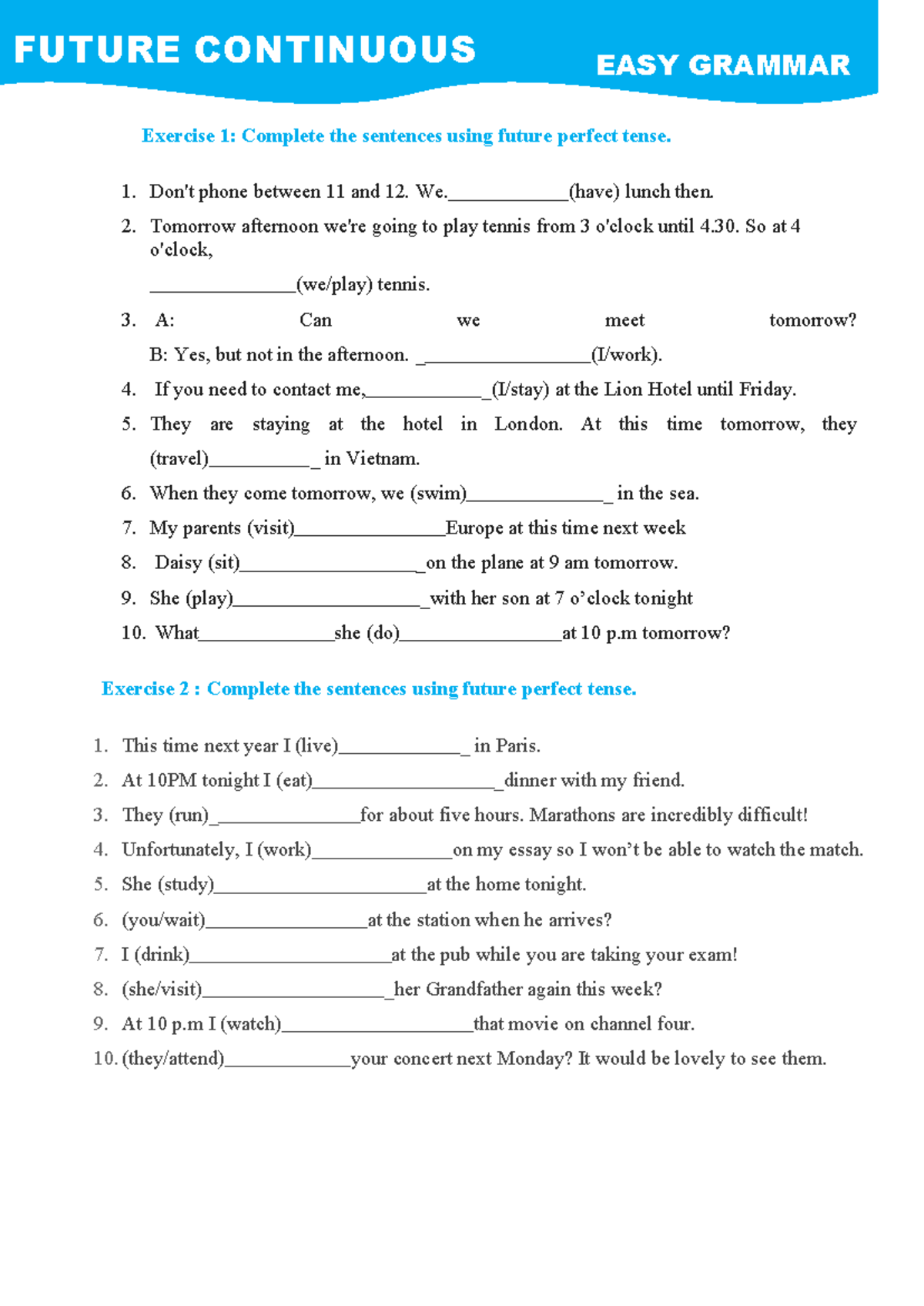 Bản sao của Future Continous- Worksheet 1 - FUTURE CONTINUOUS EASY ...