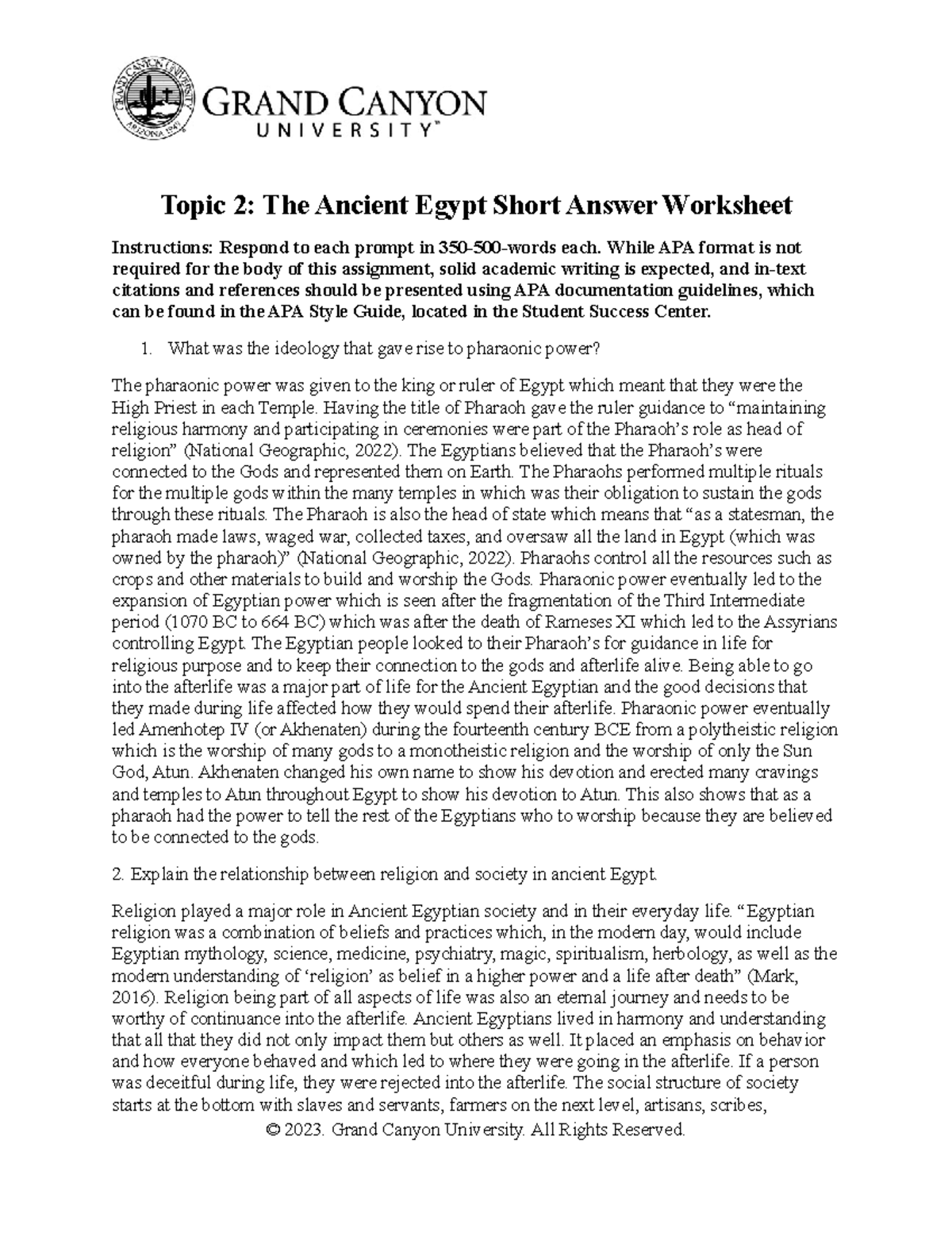 The Ancient Eygpt Worksheet - Topic 2: The Ancient Egypt Short Answer ...