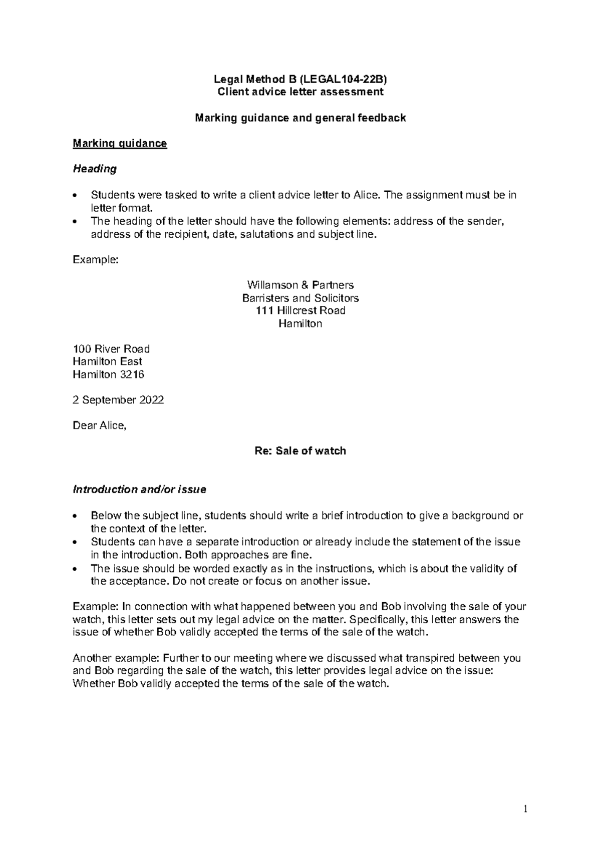 LEGAL104 client advice letter marking guidance and general feedback ...