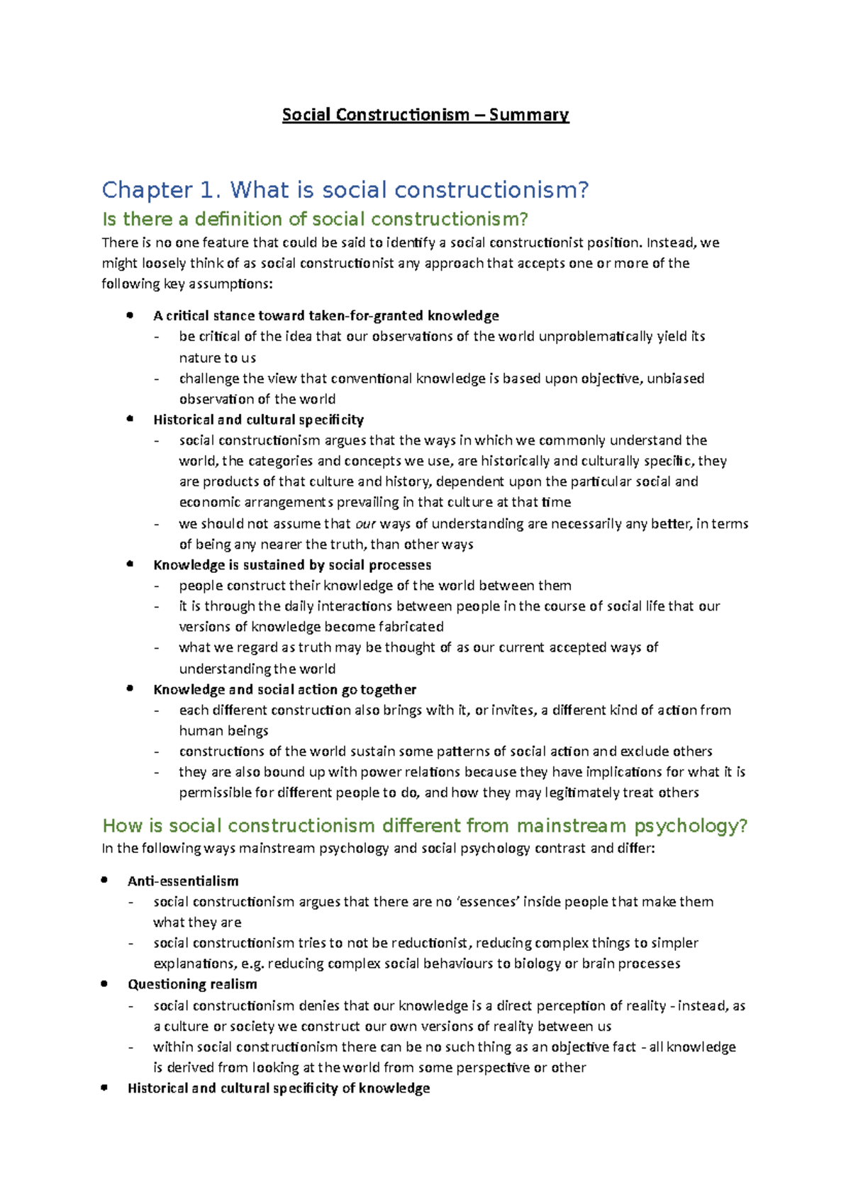 Social Constructionism - chapter 1-4 Summary - Social Constructionism 1 ...