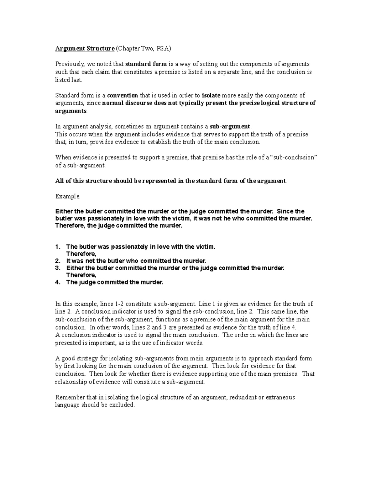 Argument Structure subarguments - Argument Structure (Chapter Two, PSA) Previously, we noted ...