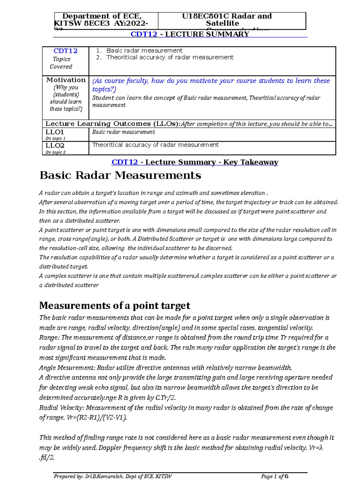 Theoritical accuracy of radar measurement - Department of ECE, KITSW ...