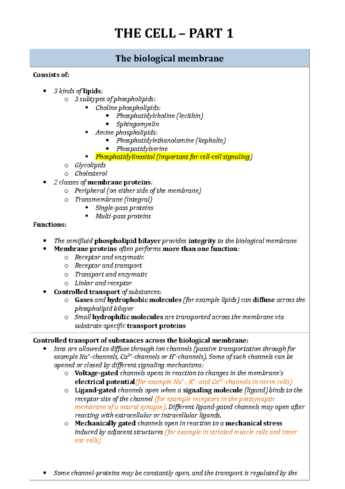 The cell, pts. 1+2 (alternate notes) - THE CELL – PART 1 The biological ...