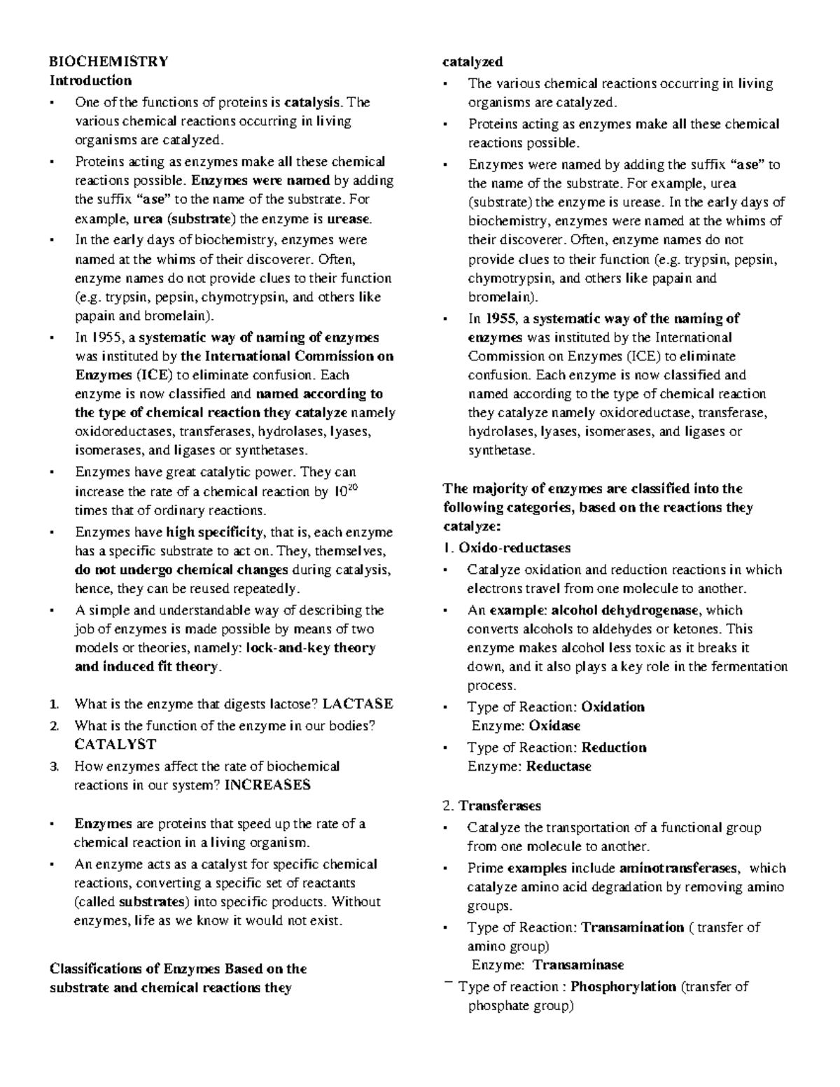 BIOCHEMISTRY NOTES - Medical Technology - Studocu