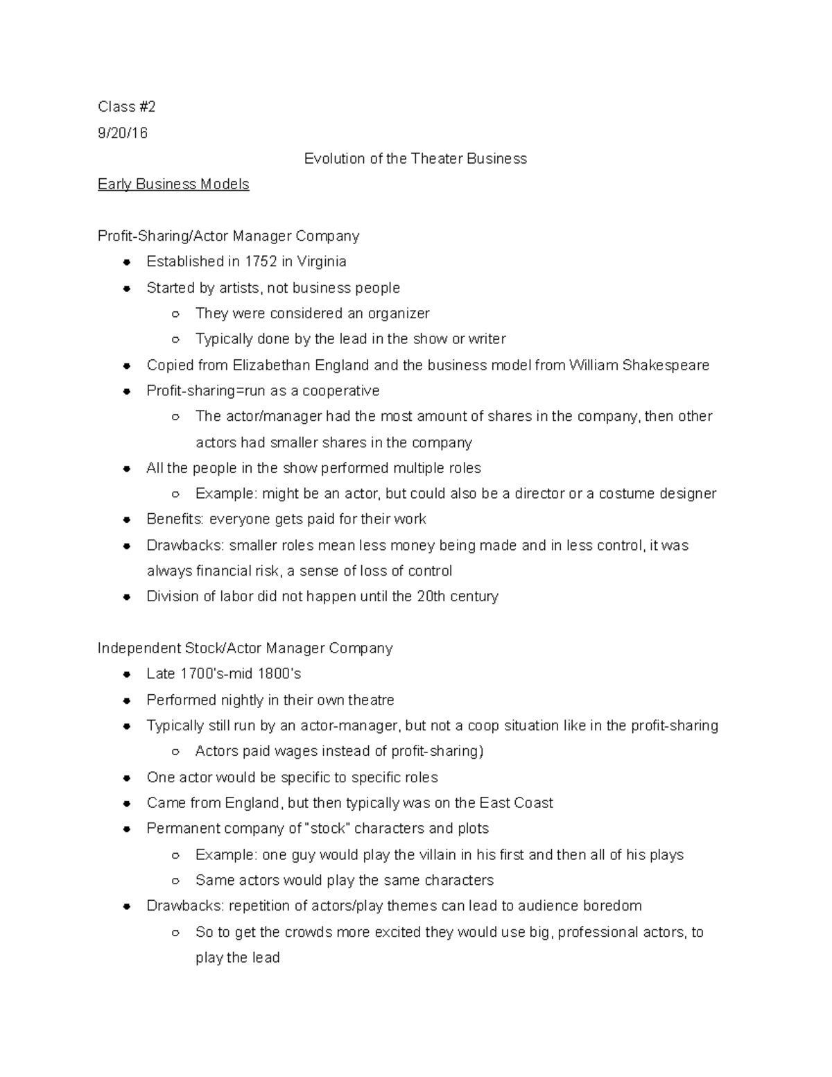 9%2F20%2F16 - Class Notes - Class #2 9/20/16 Evolution of the Theater ...