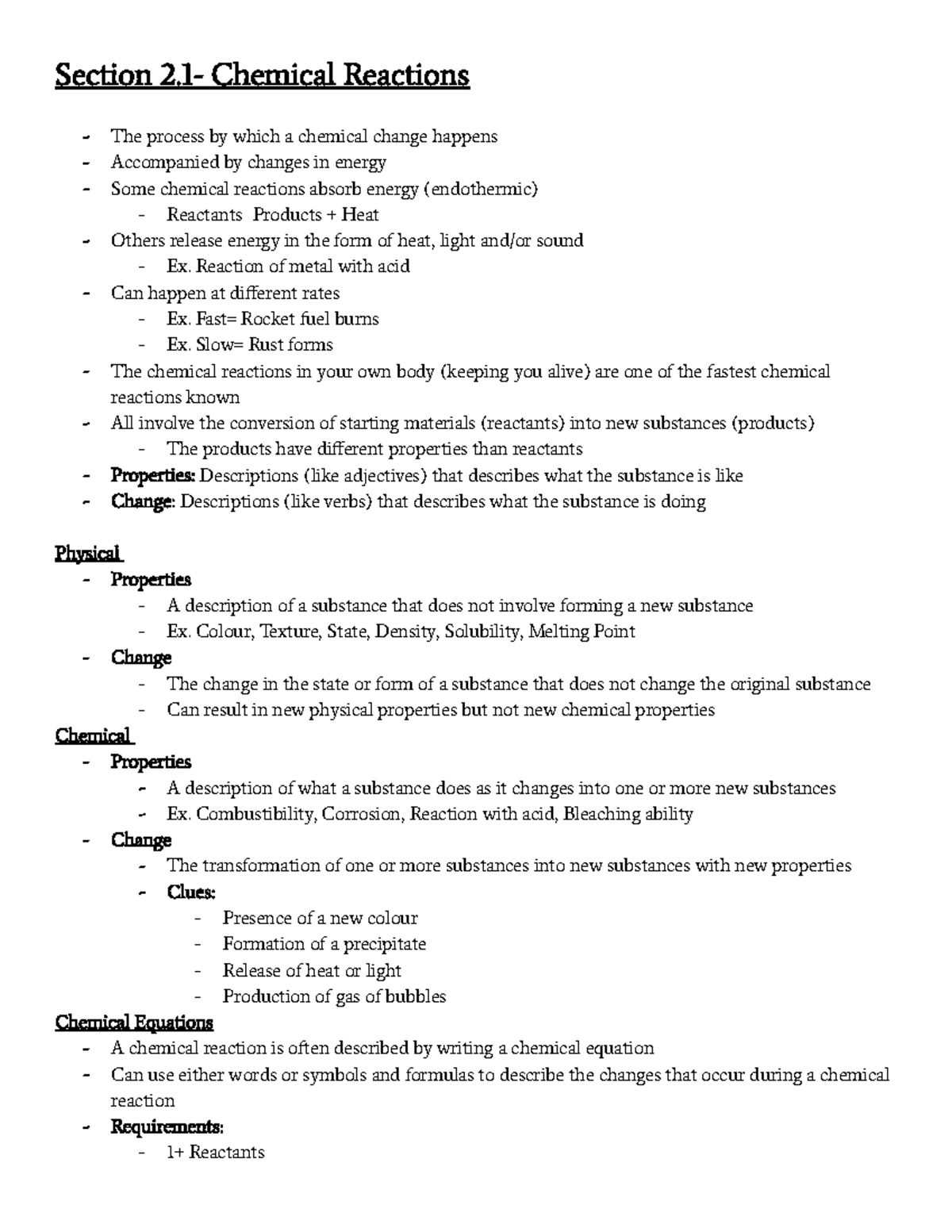 Unit 2 - Notes - Section 2 .1- Chemical Reactions The process by which ...