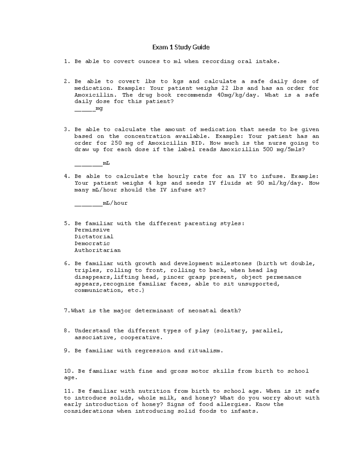 Exam 1 Study Guide - Exam 1 Study Guide Be able to covert ounces to ml ...