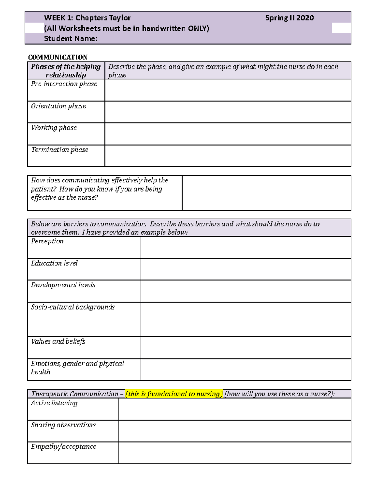 Worksheet week 1 - WEEK 1: Chapters Taylor Spring II 2020 (All ...