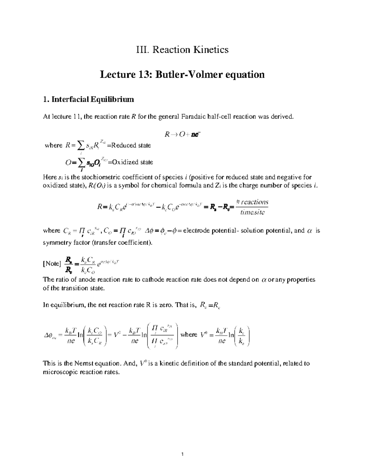 Butler- Volmer Equation - III. Reaction Kinetics Lecture 13: Butler ...
