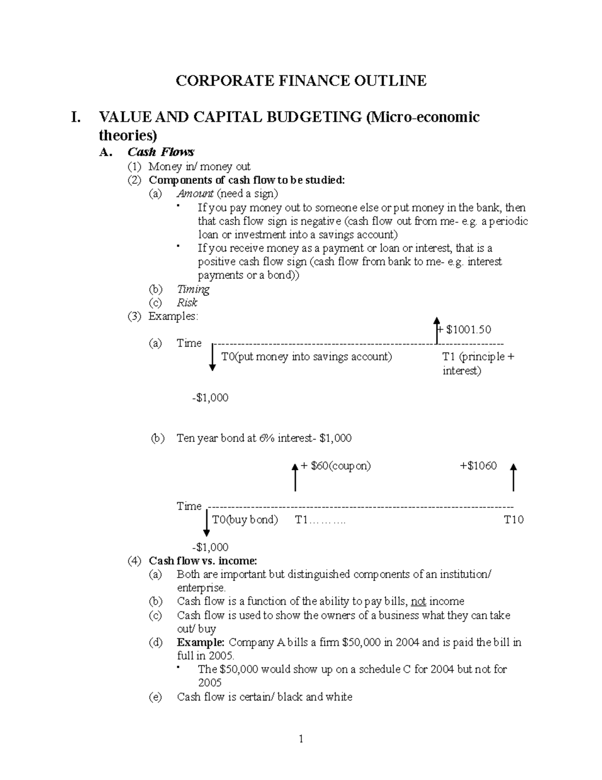 Corp Finance - CORPORATE FINANCE OUTLINE I. VALUE AND CAPITAL BUDGETING ...