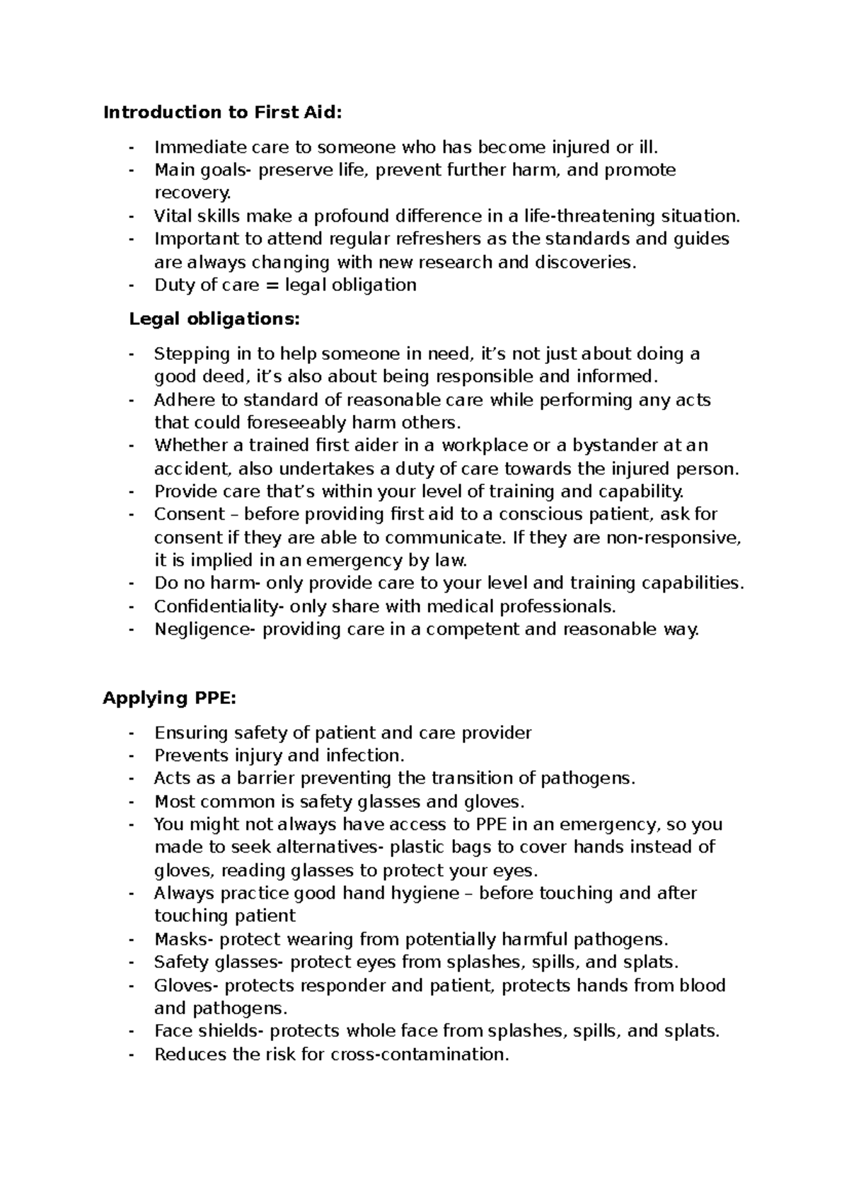 First Aid Training Notes - Introduction to First Aid: - Immediate care ...