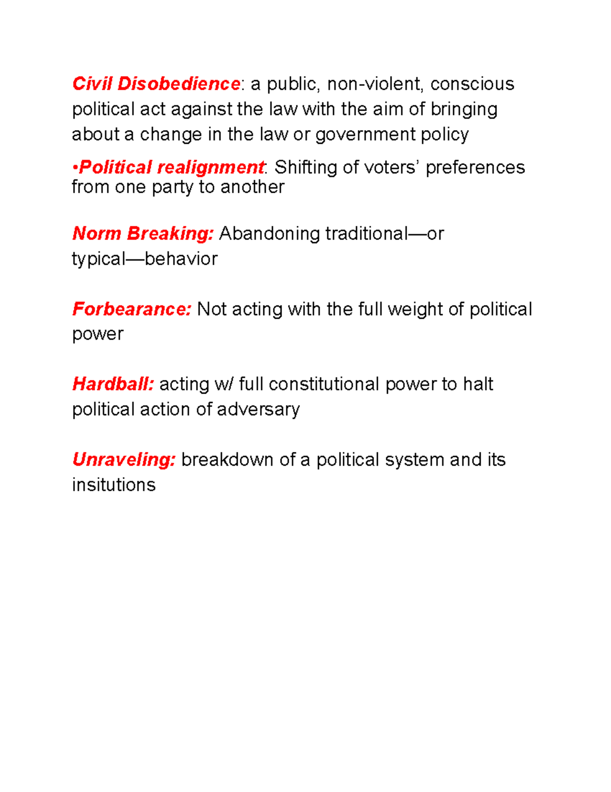 Important terms for Unit 3 Poli sci - Civil Disobedience: a public, non ...