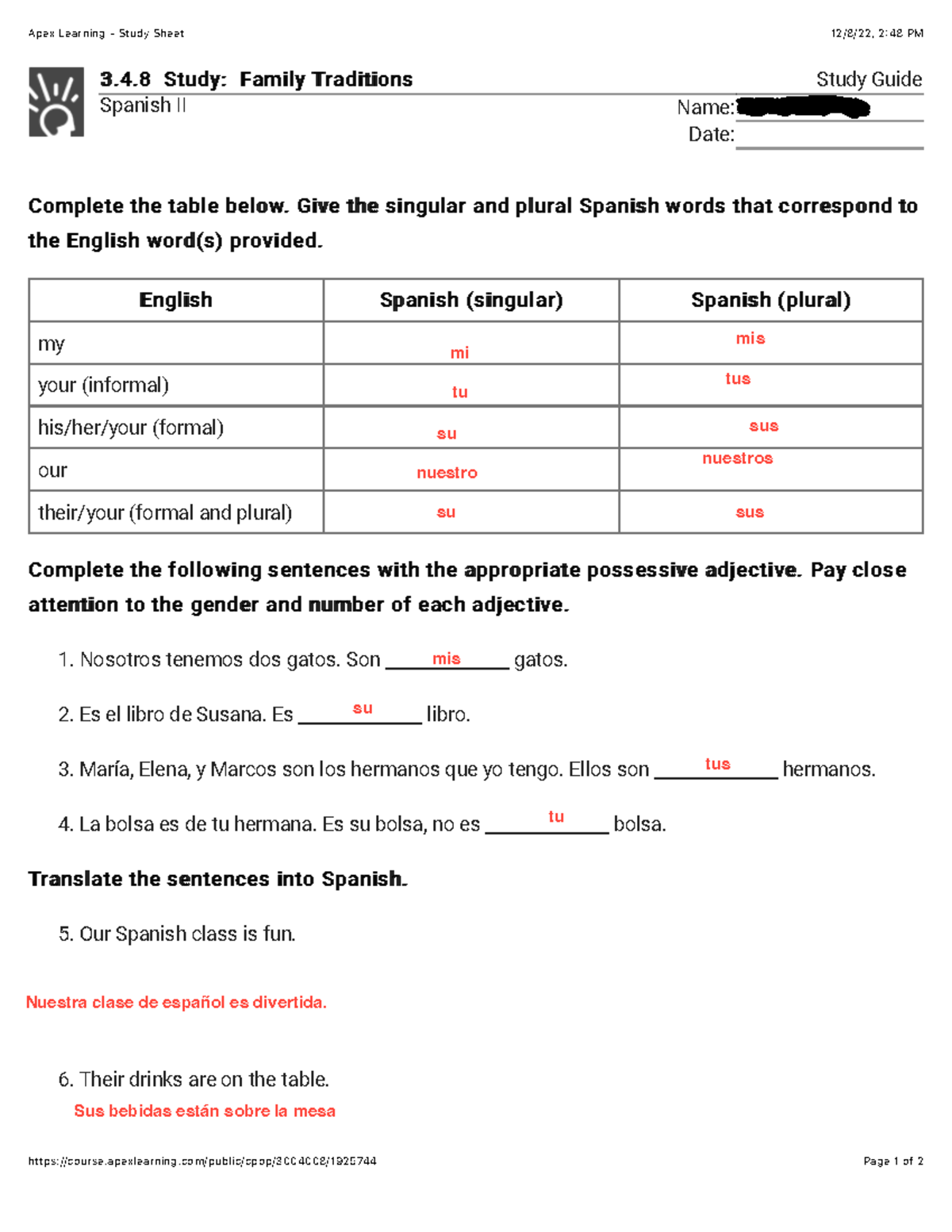 SPANISHCLASSHS2 - Apex Learning - Study Sheet 12/8/22, 2:48 PM - Studocu