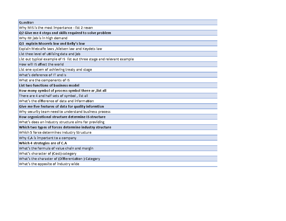 Question bank of IM - Question Why MIS is the most importance - list 2 ...