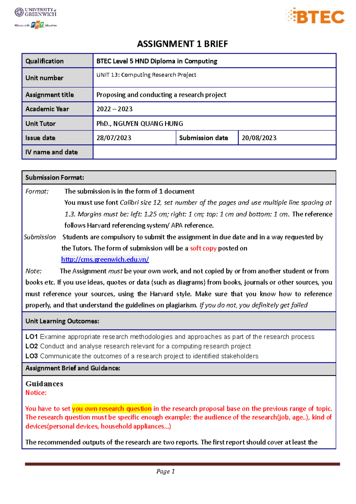 Assignment 1-brief 2022 2023 ( Btech) - ASSIGNMENT 1 BRIEF Qualification BTEC Level 5 HND ...