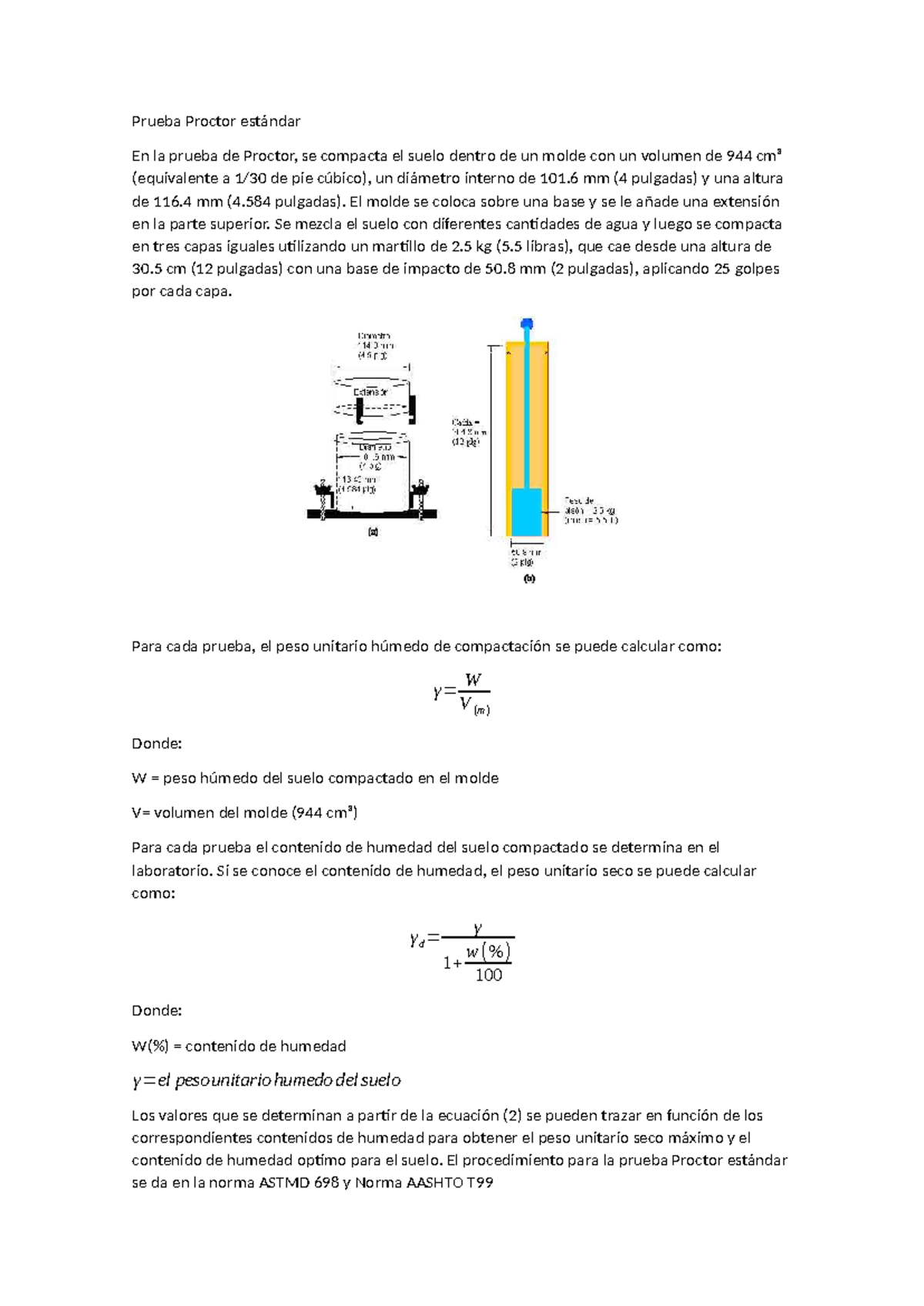 Prueba Proctor estándar - Prueba Proctor estándar En la prueba de Proctor, se compacta el suelo ...
