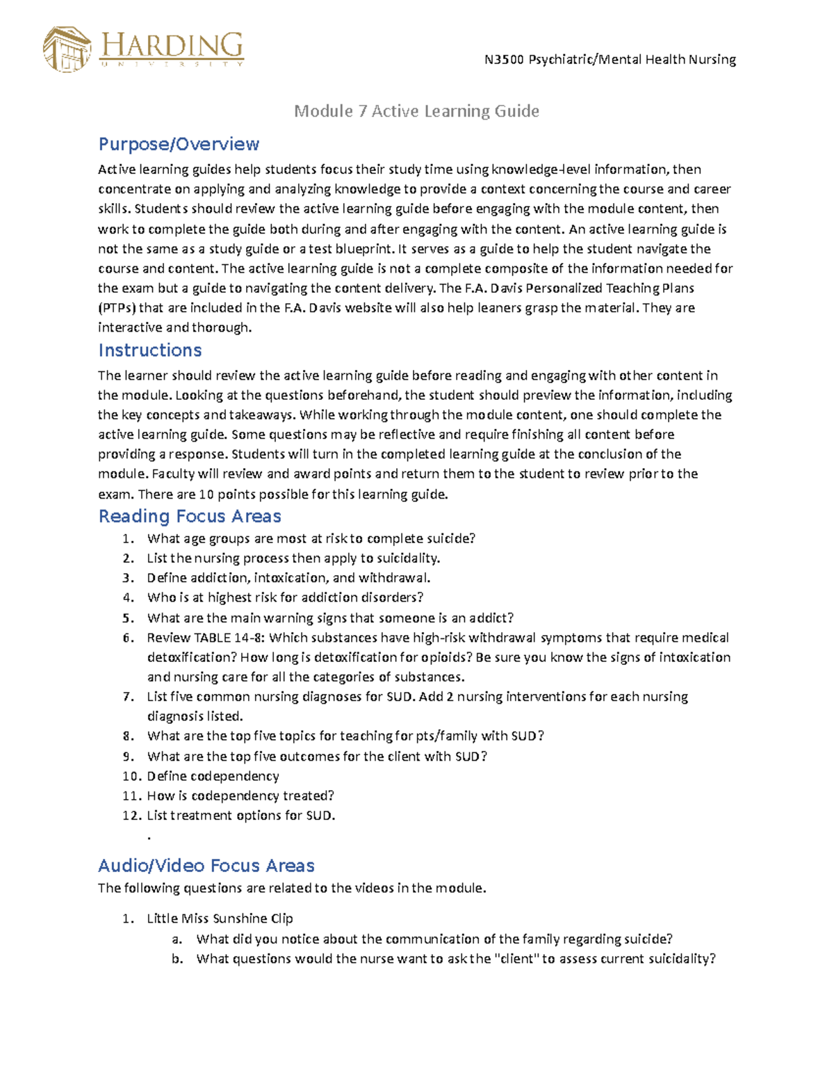 N3500 Module 7 Active Learning Guide - N3500 Psychiatric/Mental Health Nursing Module 7 Active ...