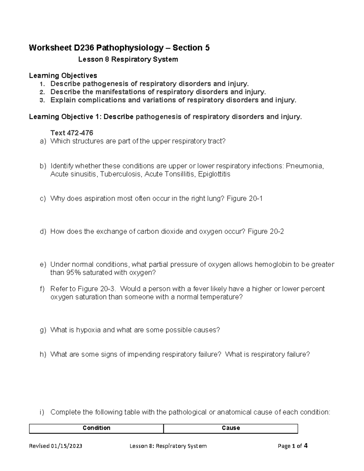Lesson 8 Respiratory System - Worksheet D236 Pathophysiology – Section ...