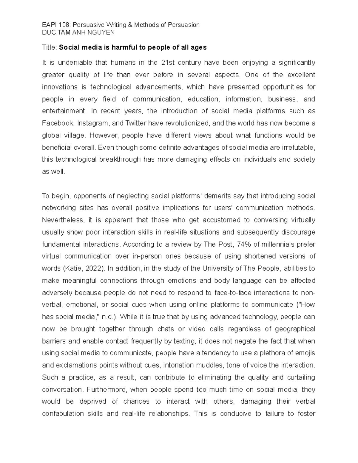 ANH Nguyen - EAPI 108 - Persuasive Essay - Final Submission - DUC TAM ...