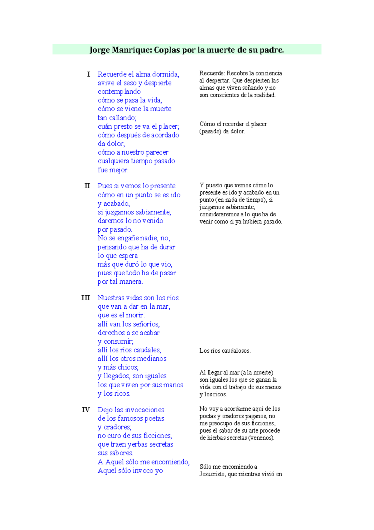 Versión de las Coplas con notas (Universidad de Valencia) - Jorge Manrique: Coplas por la muerte ...