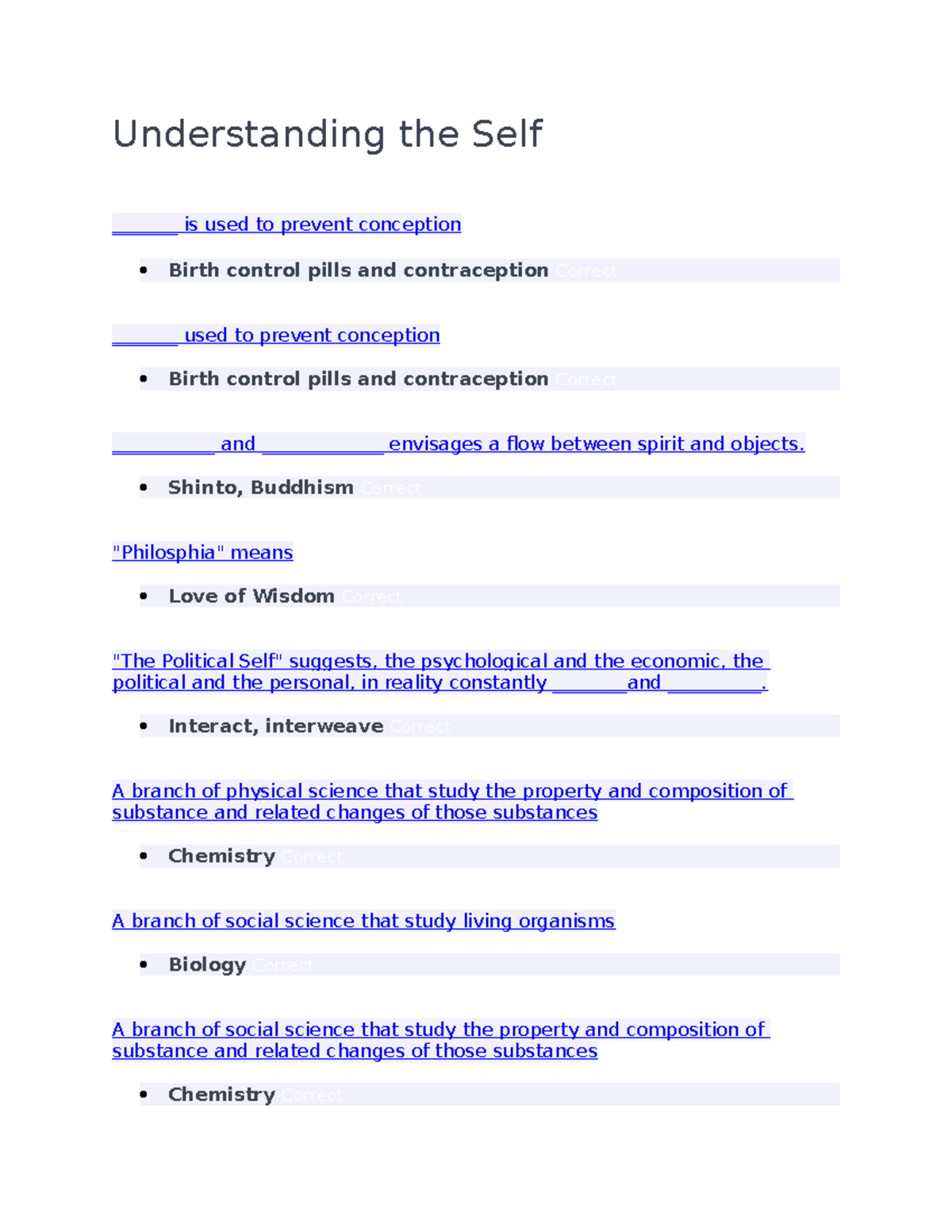 Understanding the Self - Understanding the Self _______ is used to prevent conception Birth ...