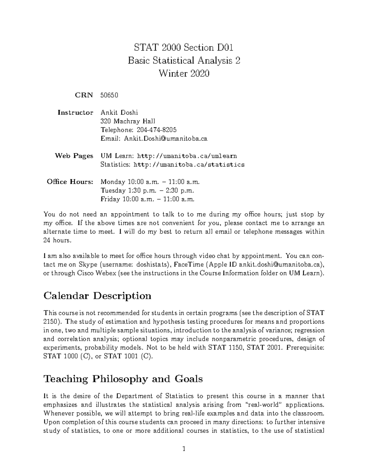 2000 W2020 D01 Outline Syllabus Stat 2000 Section D Basic Statistical Analysis 2 Winter 2020