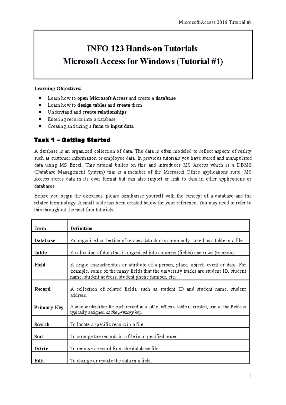 Access Tutorial 1 - INFO 123 Hands-on Tutorials Microsoft Access for ...