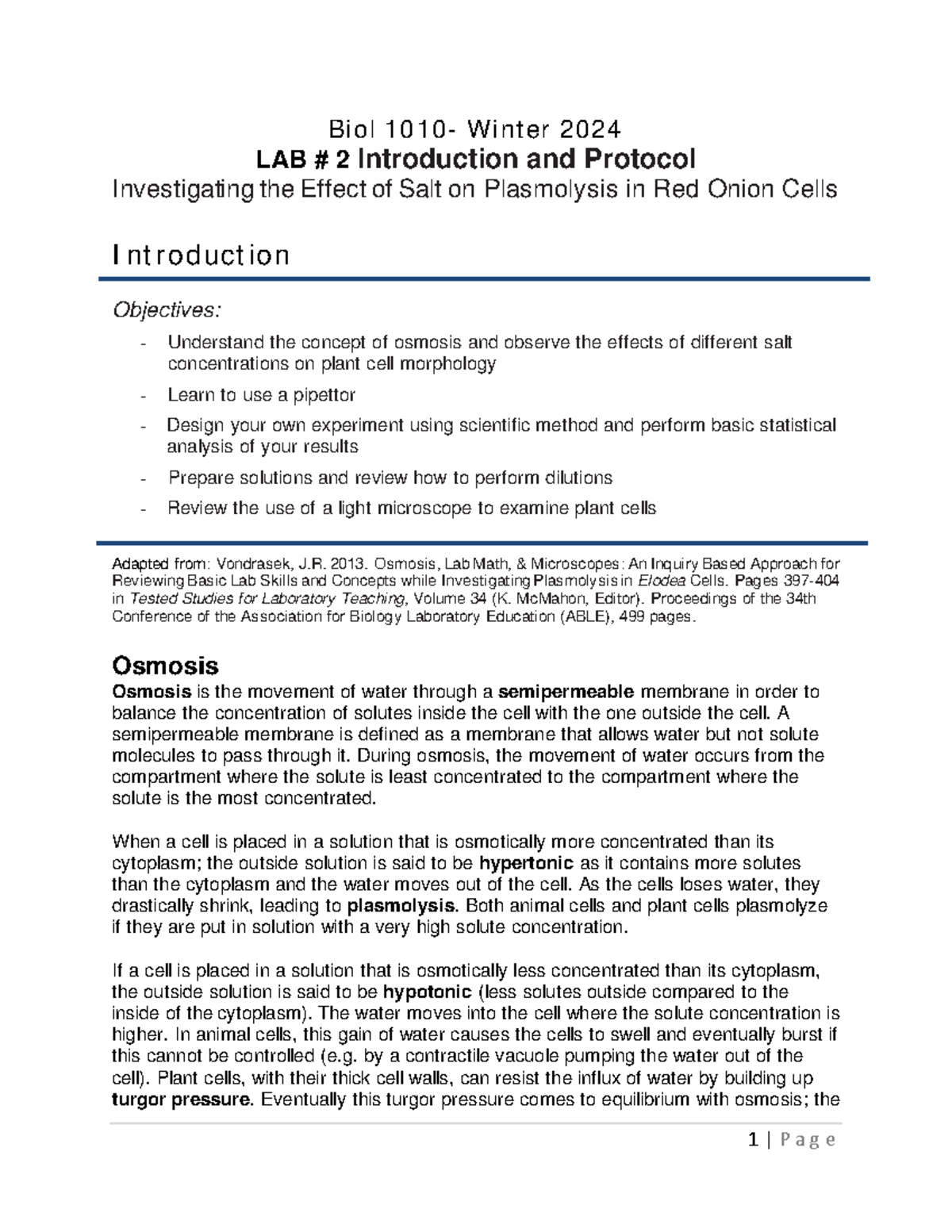 Lab # 2 - Plasmolysis in Onion Cells - Introduction and Protocol W2024-1 - Biol 1010- Winter ...