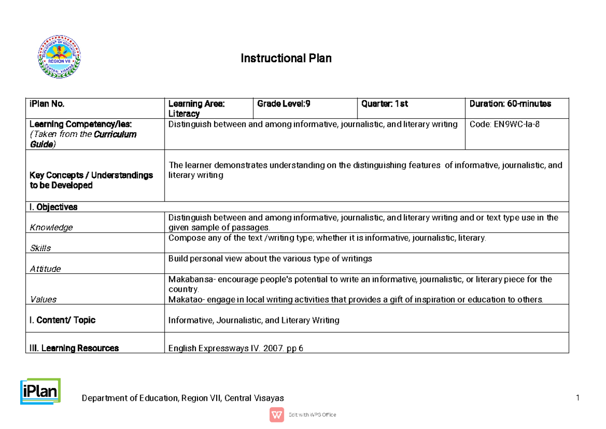 English Iplan - I plan - InstructionalPlan . iPlanNo. LearningArea ...