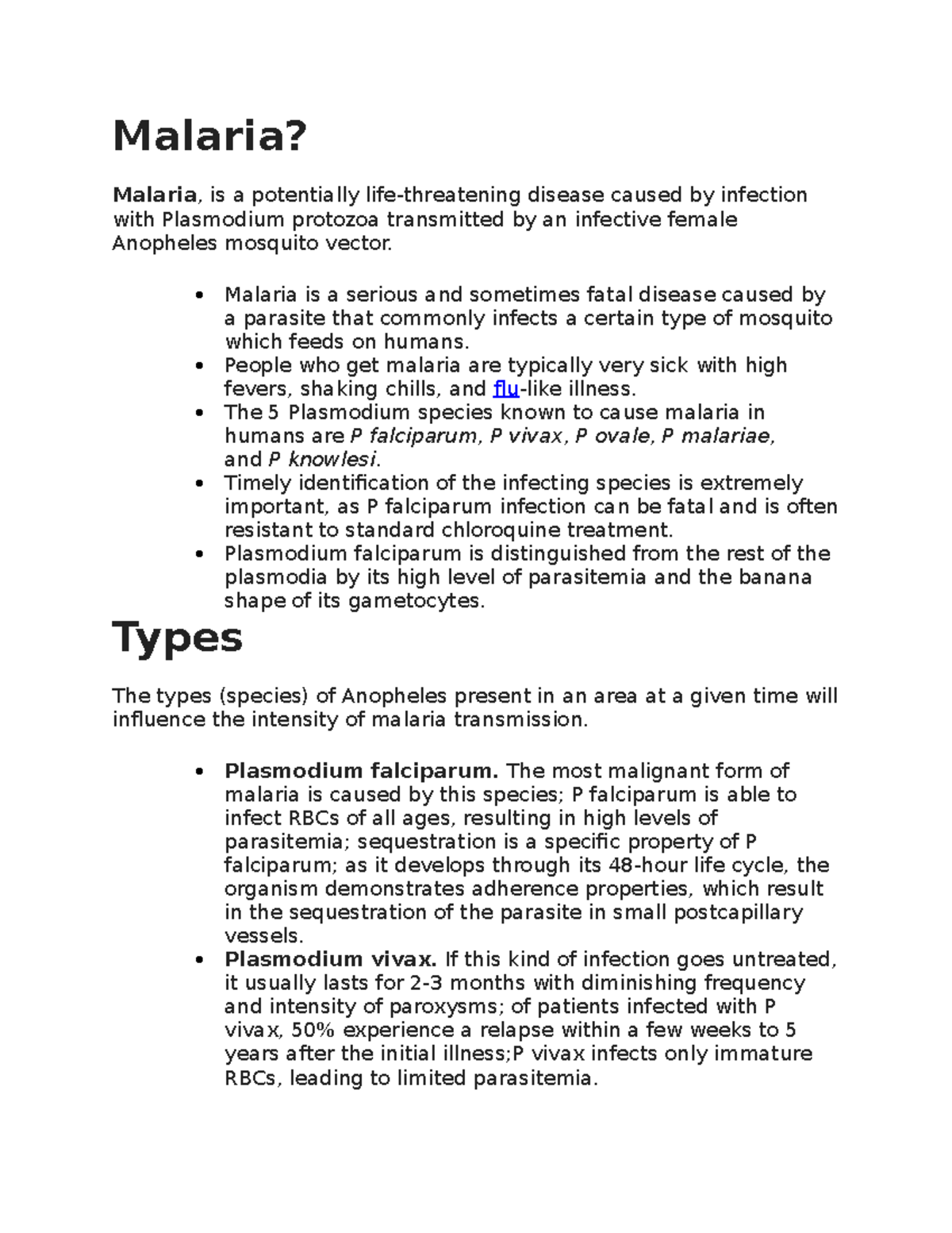 27-1Malaria notes - gggg - Malaria? Malaria, is a potentially life ...