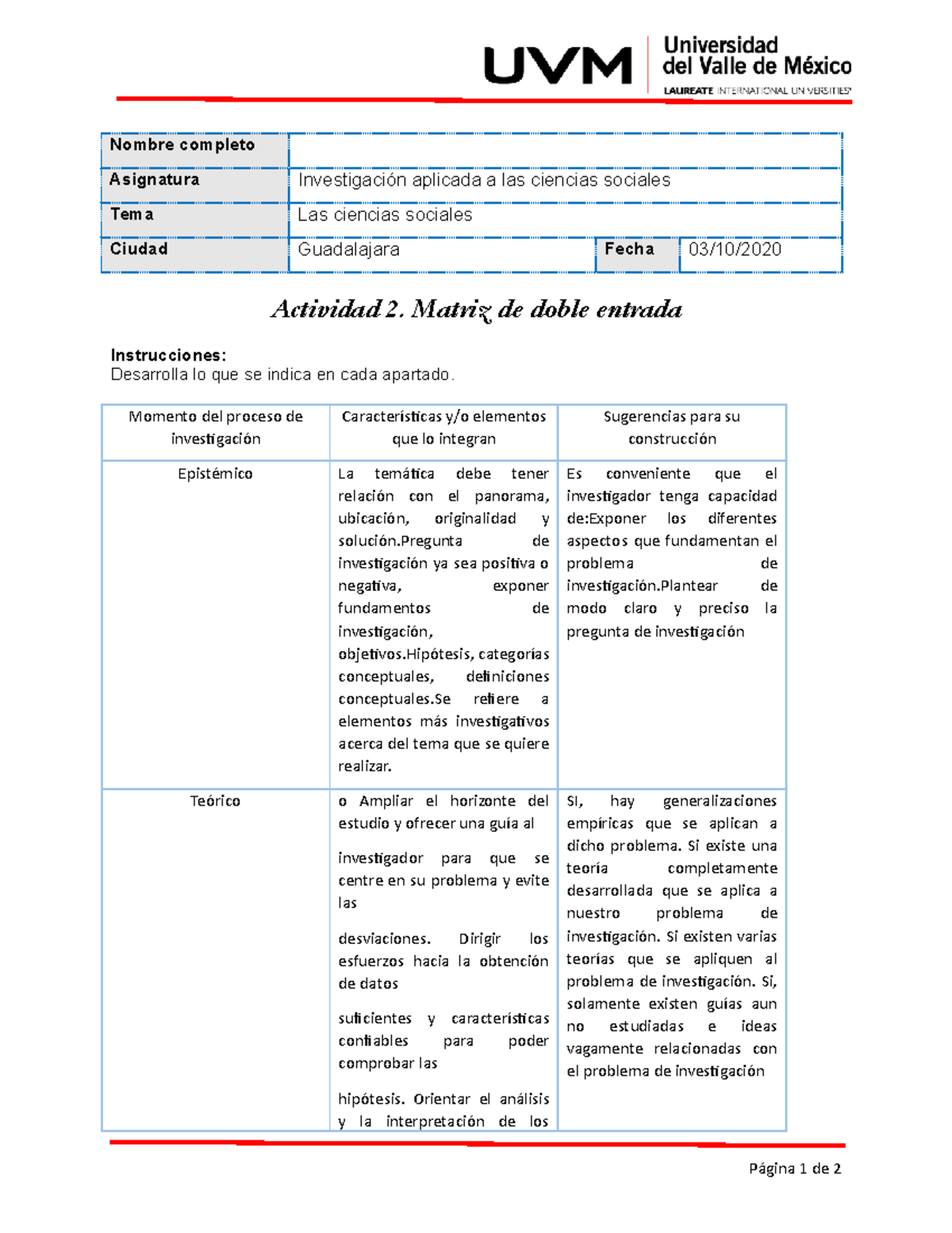 A1-Actividad 2. Matriz de doble entrada - Nombre completo Asignatura ...