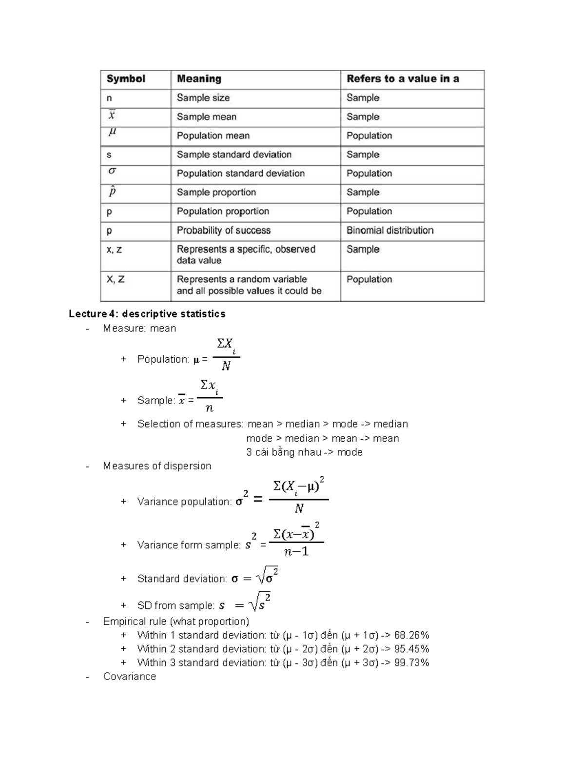 Cheat sheet Business Statistics - Lecture 4: descriptive statistics - Measure: mean + Population ...