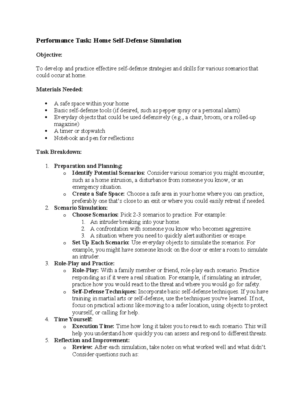 Performance Task at home - Performance Task: Home Self-Defense ...