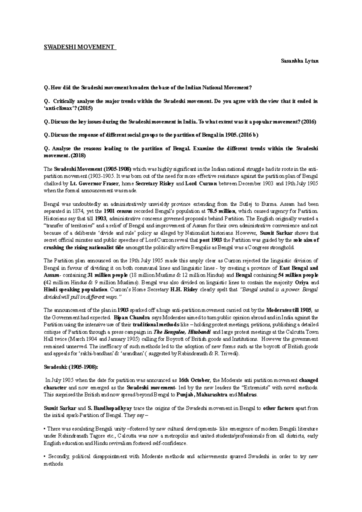 Swadeshi Movement (Sasan) - SWADESHI MOVEMENT Sasanbha Lytan Q. How did ...