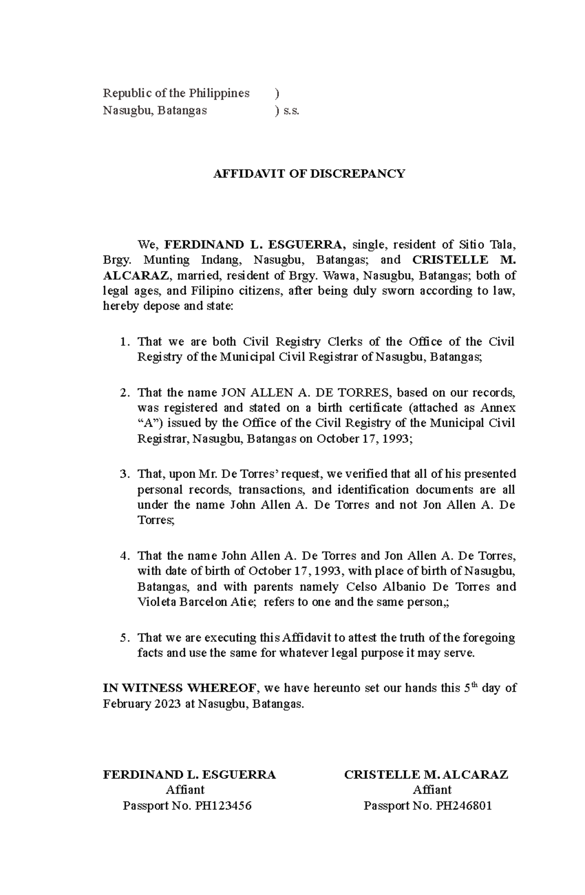 Affidavit OF Discrepancy - Republic of the Philippines ) Nasugbu ...