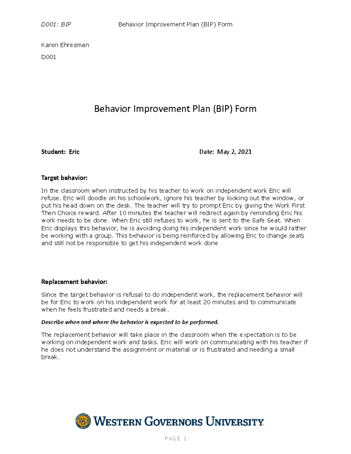 Behavior Improvement Plan (BIP) Form - Karen Ehresman D Behavior ...
