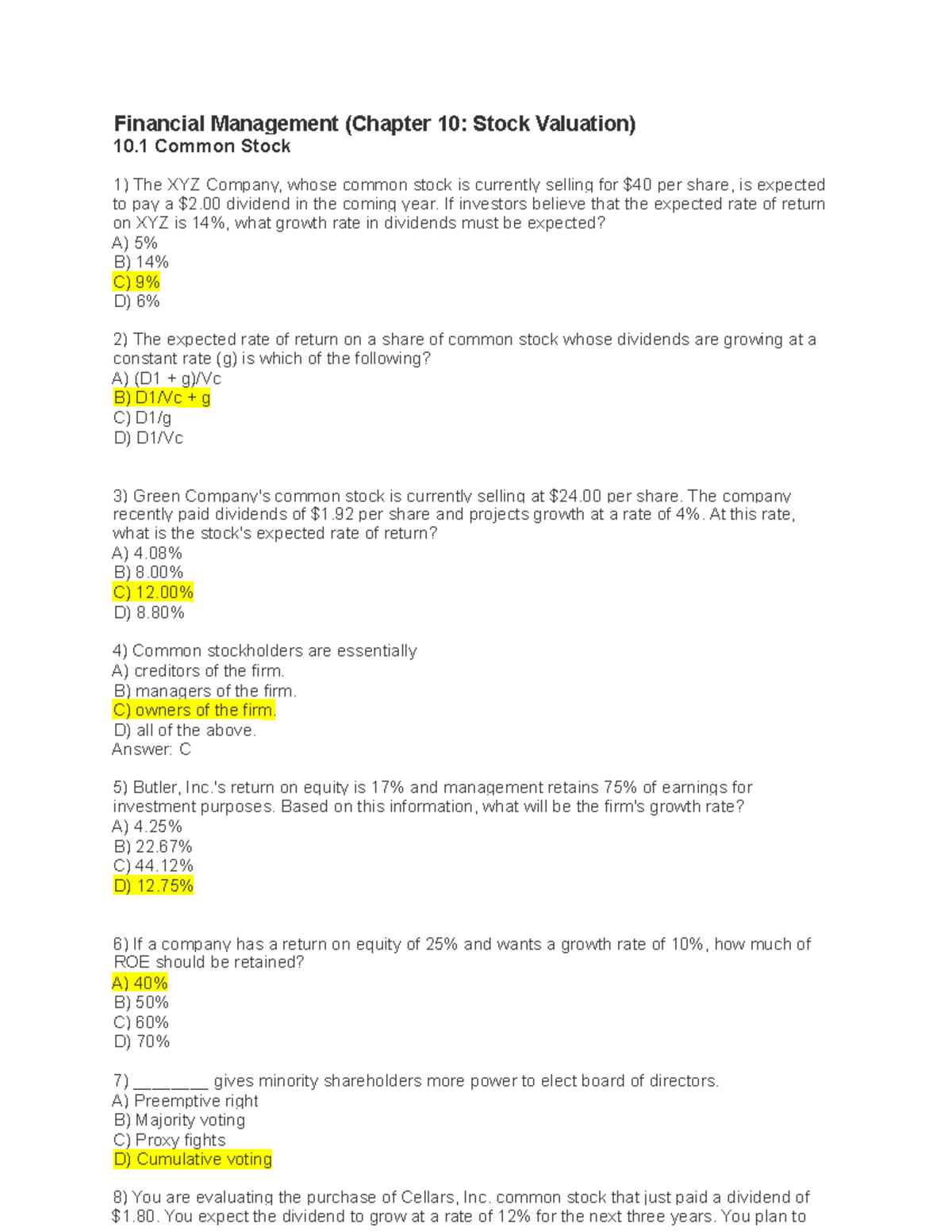 FF Final test bank Some topics - Financial Management (Chapter 10 ...