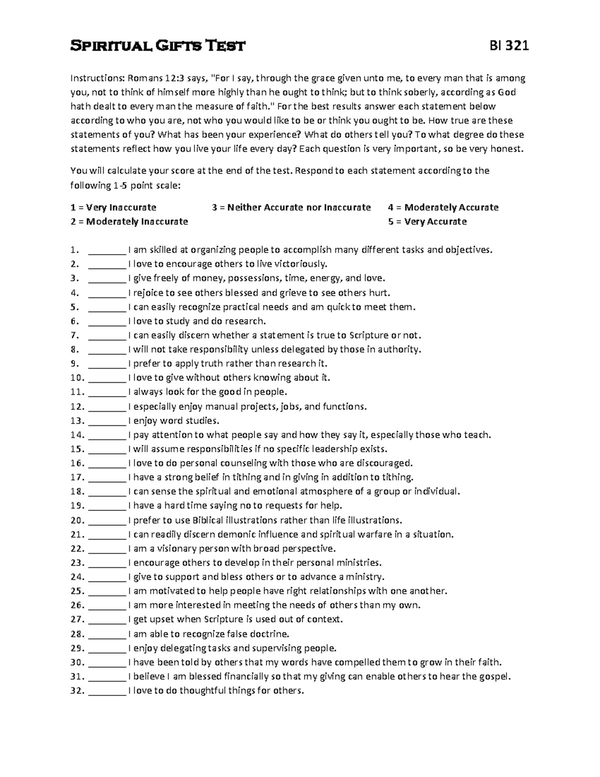 Spiritual Gifts Test pages 1-2 - Spiritual Gifts Test BI 321 ...