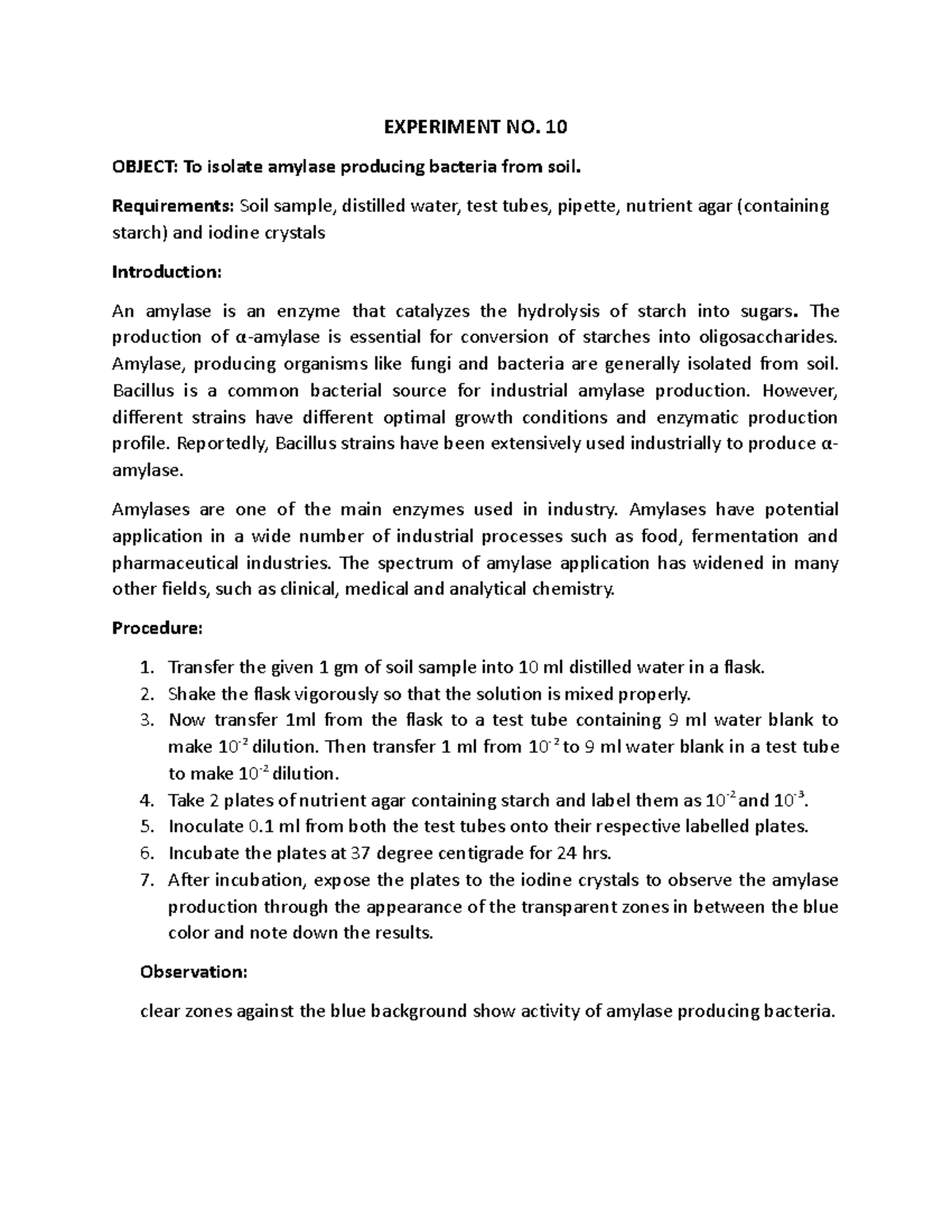 Anatomy MIC - Helpful - EXPERIMENT NO. 10 OBJECT: To isolate amylase producing bacteria from ...