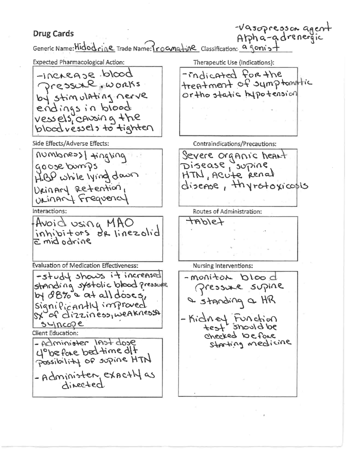 Medication cards 2 - Drug Cards agent Generic Name: Midodrine Trade me ...