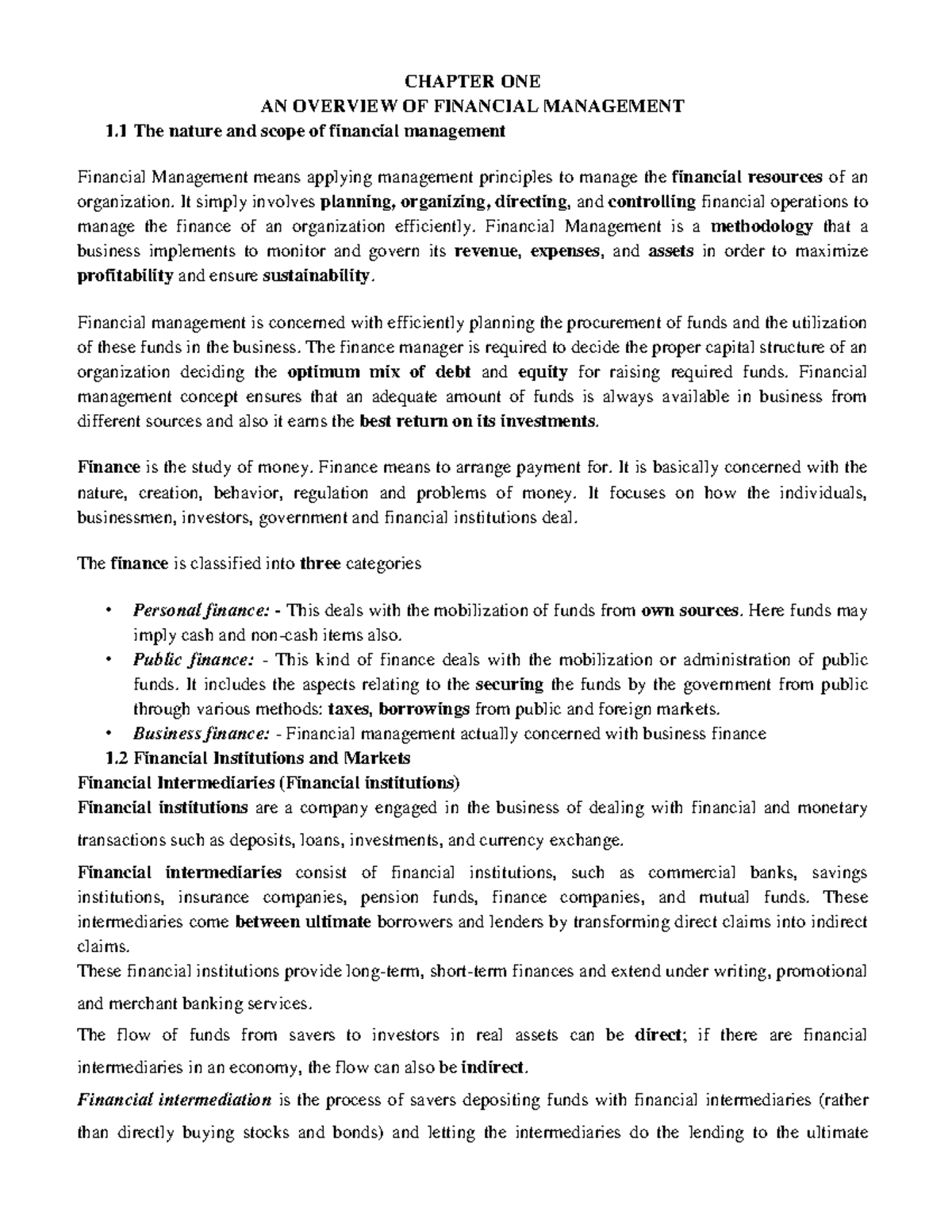 FM I #1 - for study - CHAPTER ONE AN OVERVIEW OF FINANCIAL MANAGEMENT 1 ...