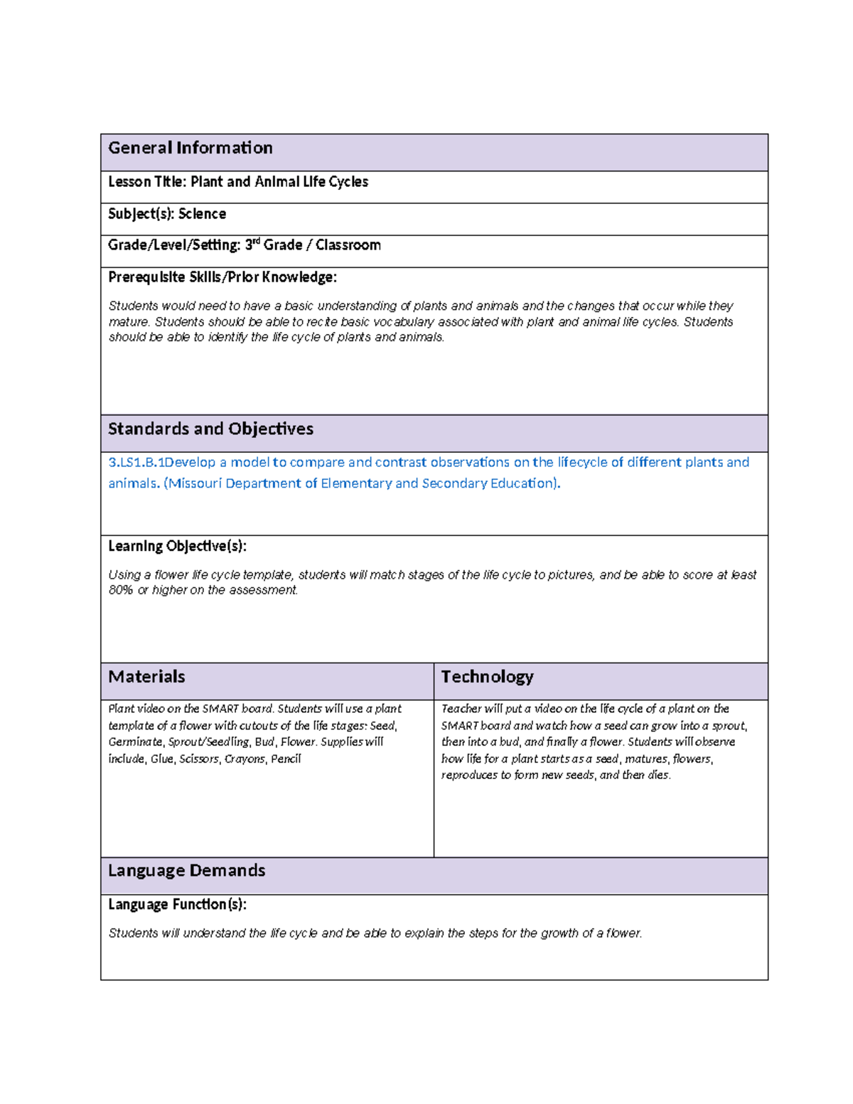 DGM3 Task 2 - General Information Lesson Title: Plant and Animal Life ...